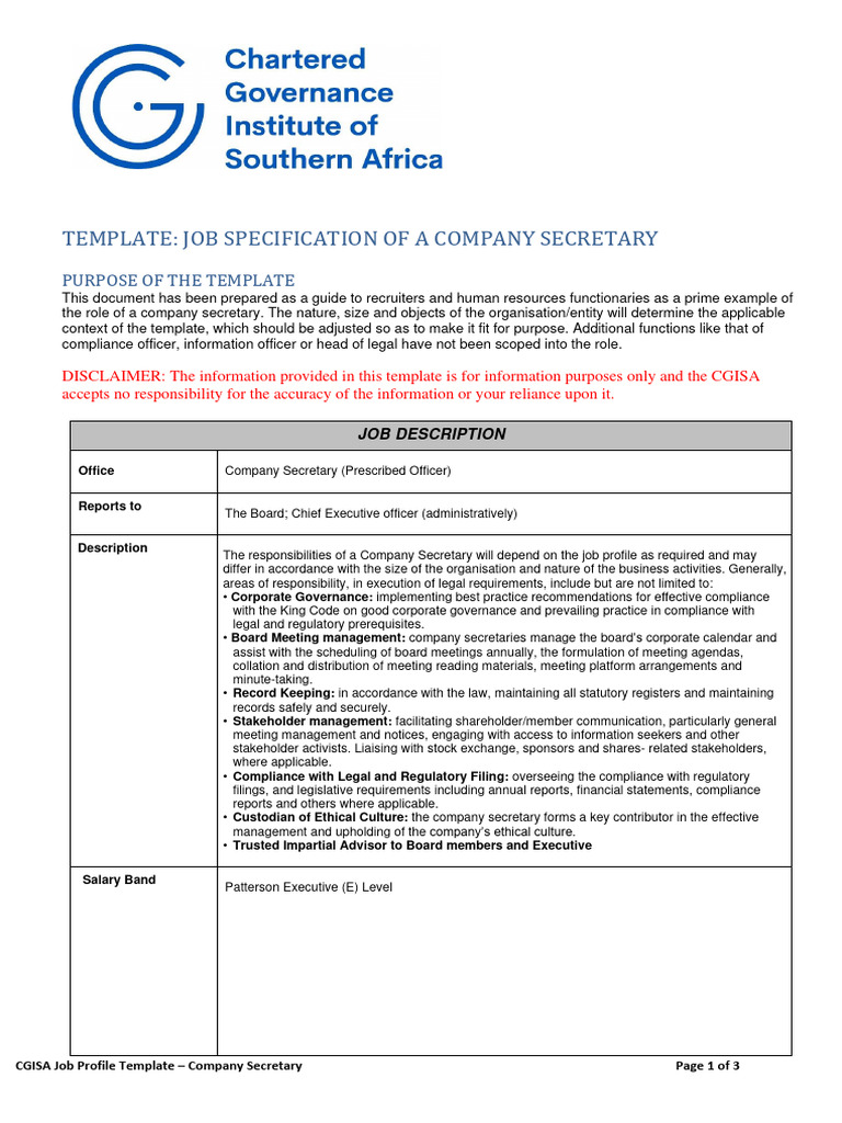 Company Secretary Job Description Template | PDF | Governance ...