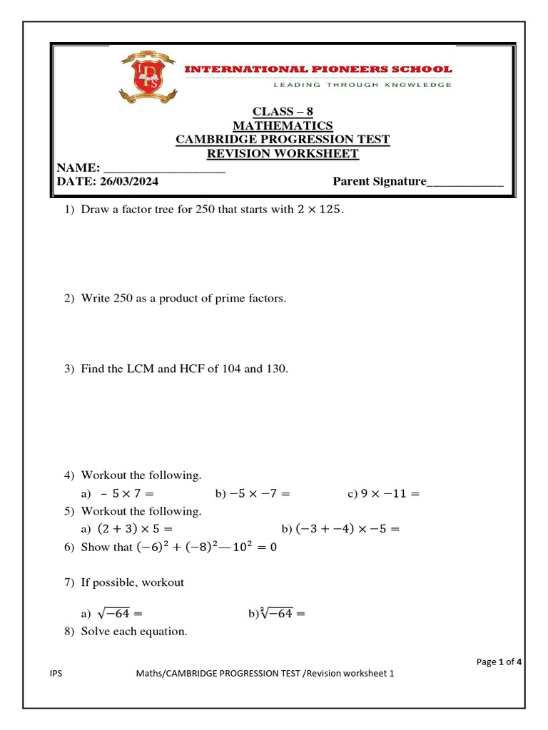Math Class 8 Progression Revision Worksheet 1 | PDF | Area | Algebra