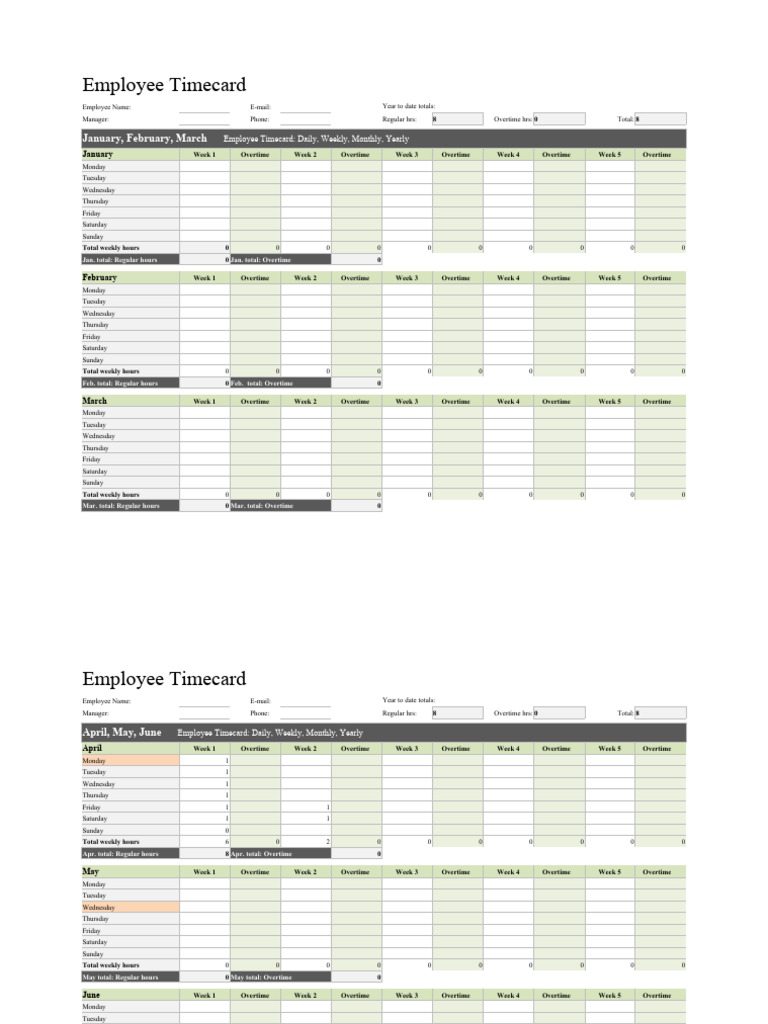 Employee Timecard (Daily, Weekly, Monthly, and Yearly) 2 | Download ...