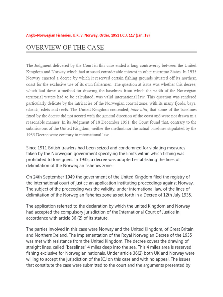 Anglo-Norwegian Fisheries, U.K. v. Norway, Order, 1951 | PDF | Territorial Waters ...