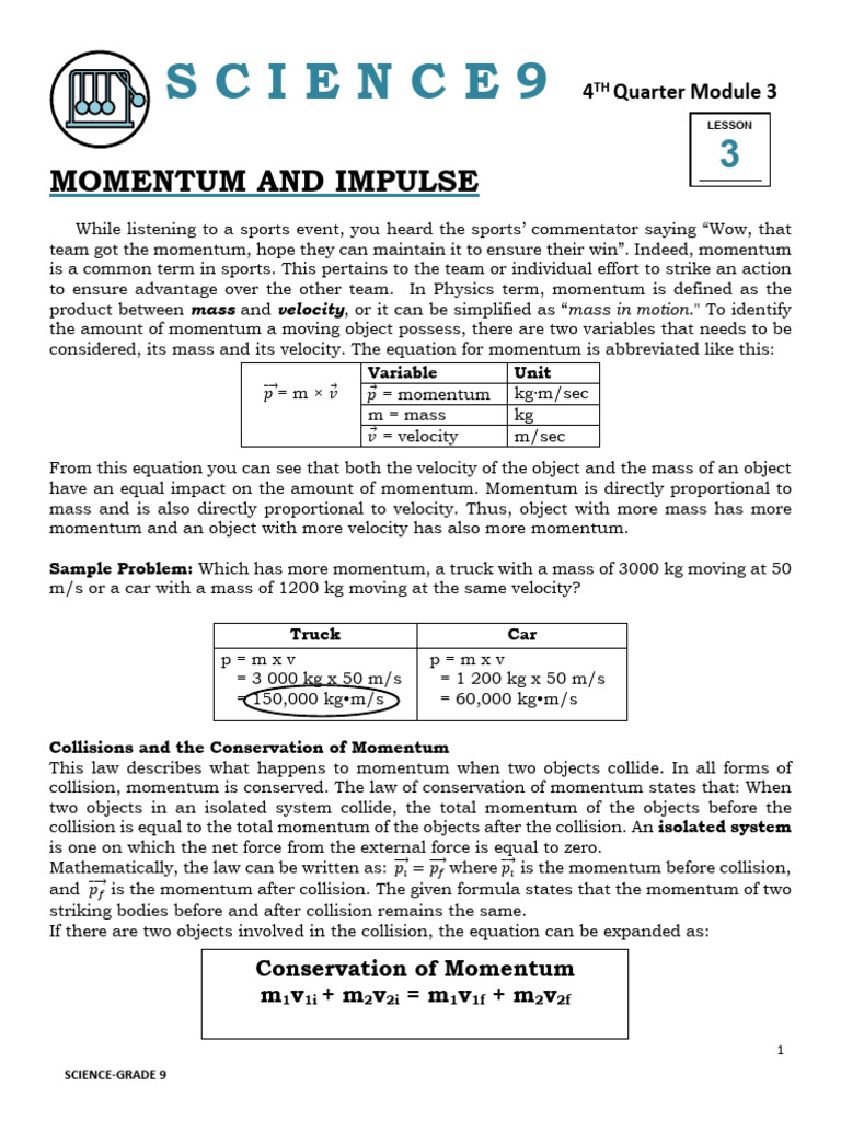GR9 - Q4 - Lesson 3 - Momentum and Impulse | PDF | Collision | Momentum