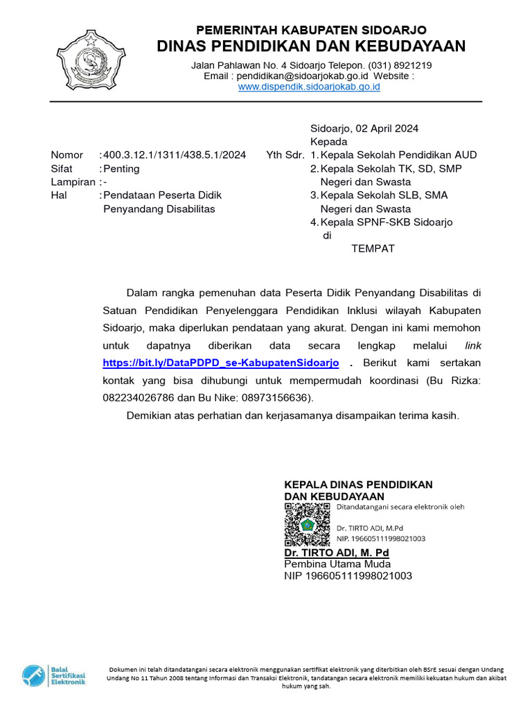 Surat Pendataan PDPD Se - Kabupaten Sidoarjo | PDF
