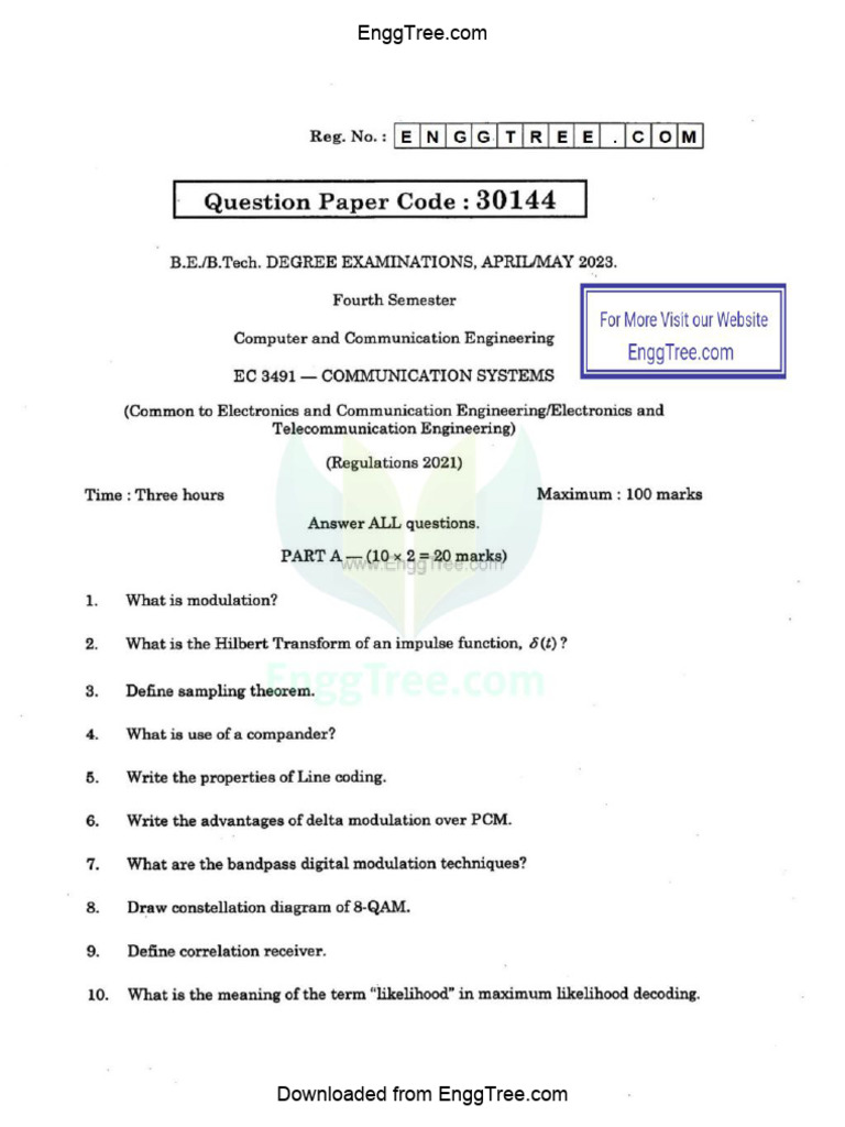 EC3491 Communication Systems Apr May 2023 Question Paper Download | PDF ...