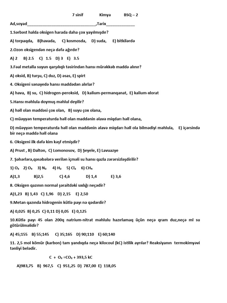 7 Sinif Kimya BSQ-2 | PDF