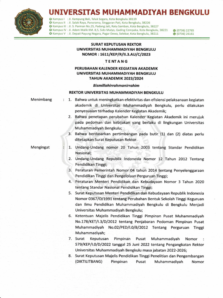 Perubahan Kalender Akademik UMB 2023-2024 | PDF