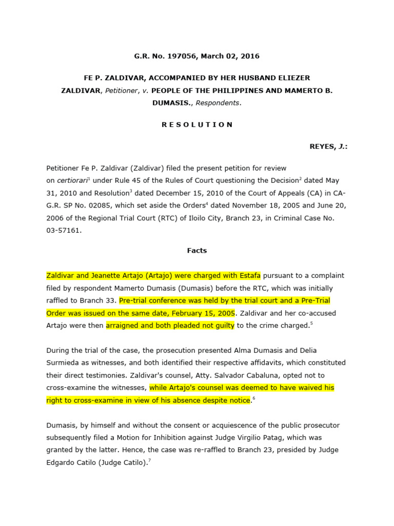 01 Zaldivar v. People Pre Trial | PDF | Trials | Prosecutor