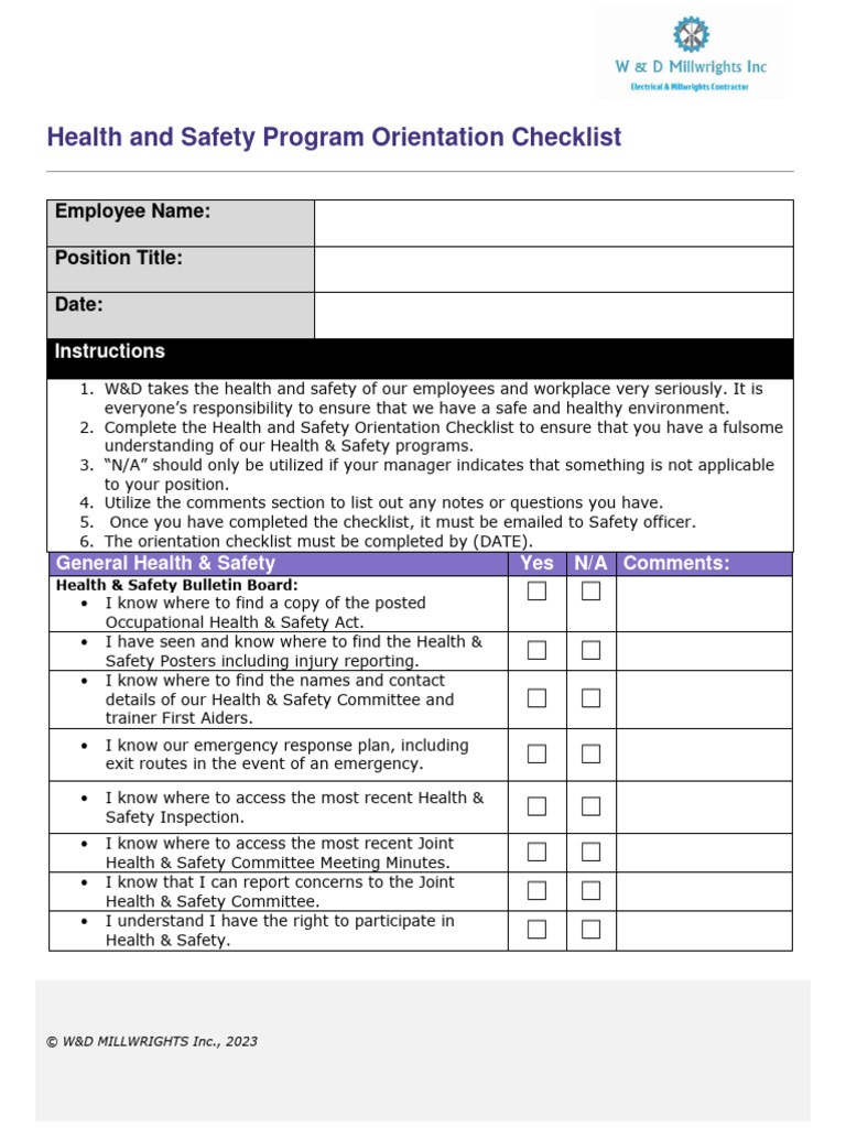 W&D Millwrights Safety Orientation Checklist | PDF | Occupational ...