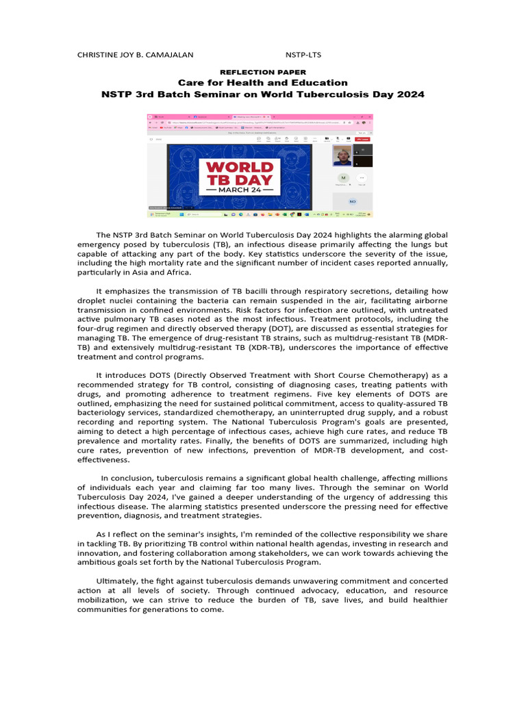 Tuberculosis-Reflection Paper | PDF | Tuberculosis | Causes Of Death