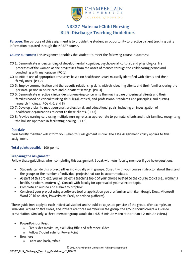 NR327 RUA Discharge Teaching Guidelines v2 NOV21 | PDF | Nursing | Apa ...