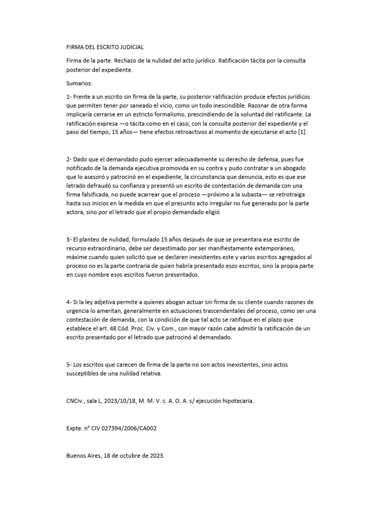 Nota Fallo Firma Del Escrito Judicial | PDF | Demanda judicial | Ley ...