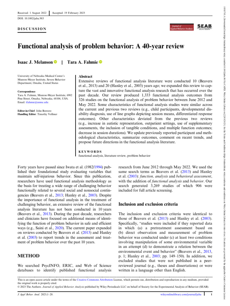 J of App Behav Analysis - 2023 - Melanson - Functional Analysis of Problem Behavior A 40 Year ...