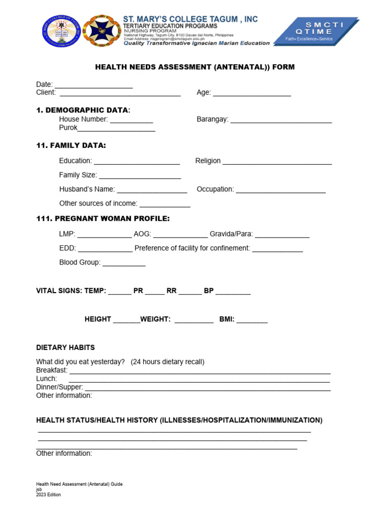 Health Need Assessment Guide - Antenatal | PDF | Nursing | Prenatal ...