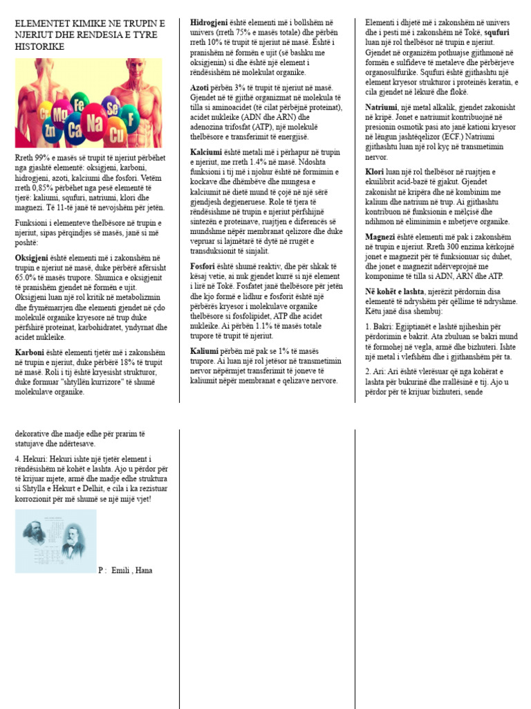 Elementet Kimike Ne Trupin e Njeriut Dhe Rendesia e Tyre Historike | PDF