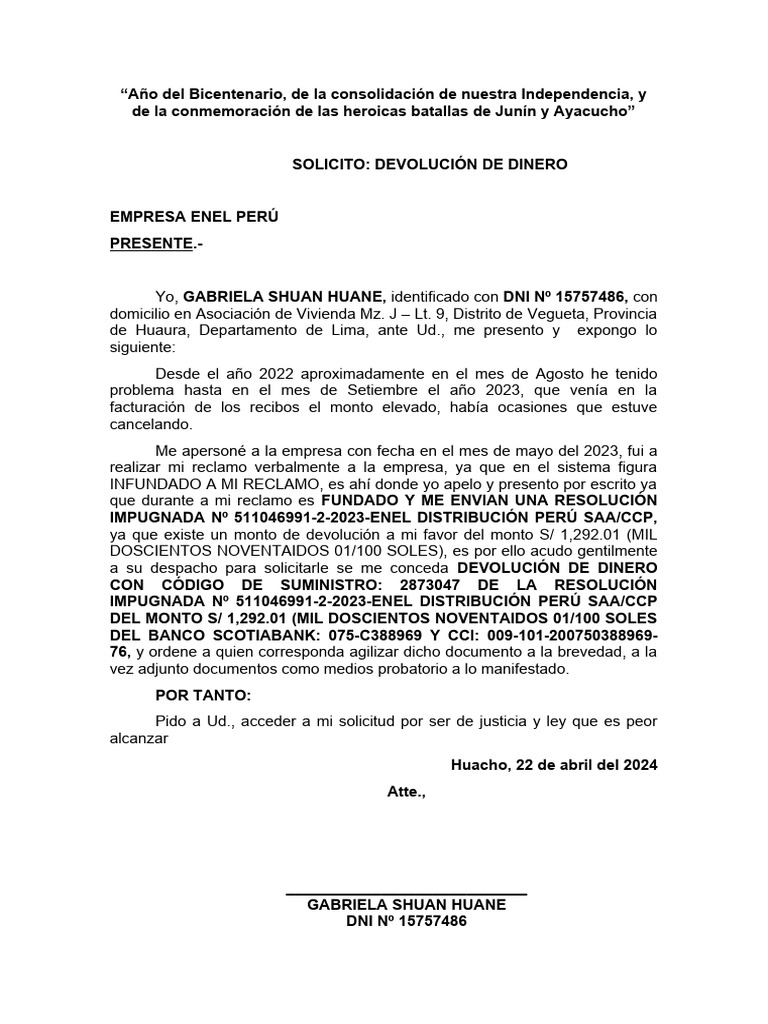 Solicito Devolución de Dinero 224 | PDF