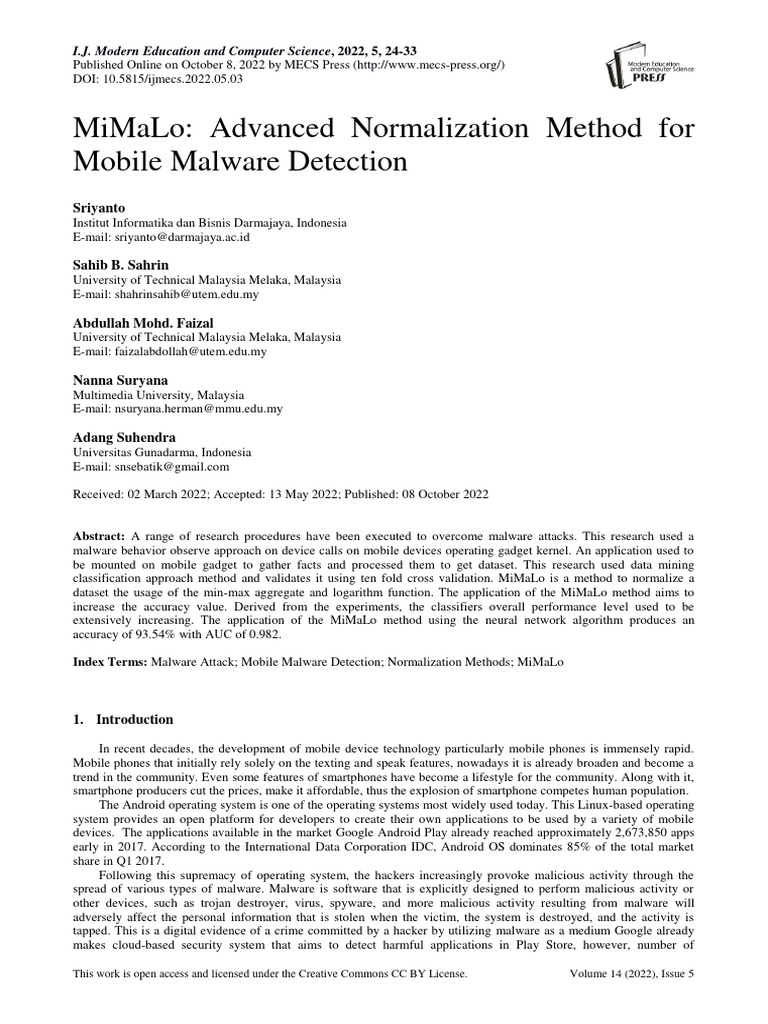 MiMaLo: Advanced Normalization Method For Mobile Malware Detection ... MiMaLo: Advanced Normalization Method For Mobile Malware Detection ...