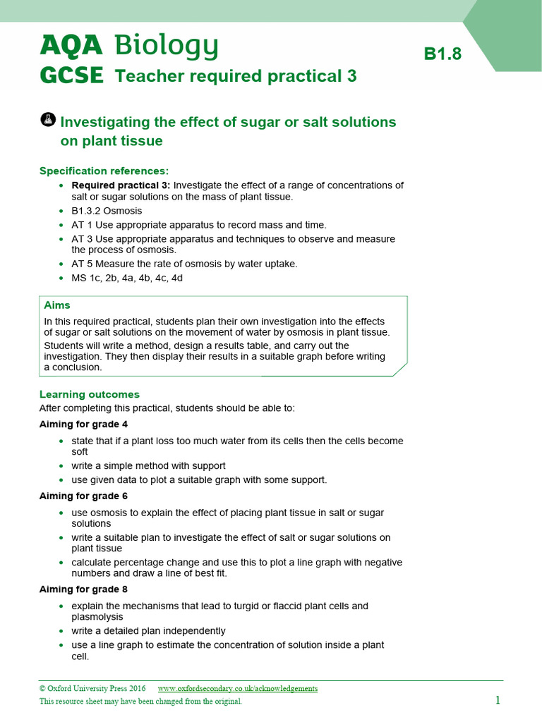 TC2 - Osmosis practical sheet - teacher | PDF | Osmosis