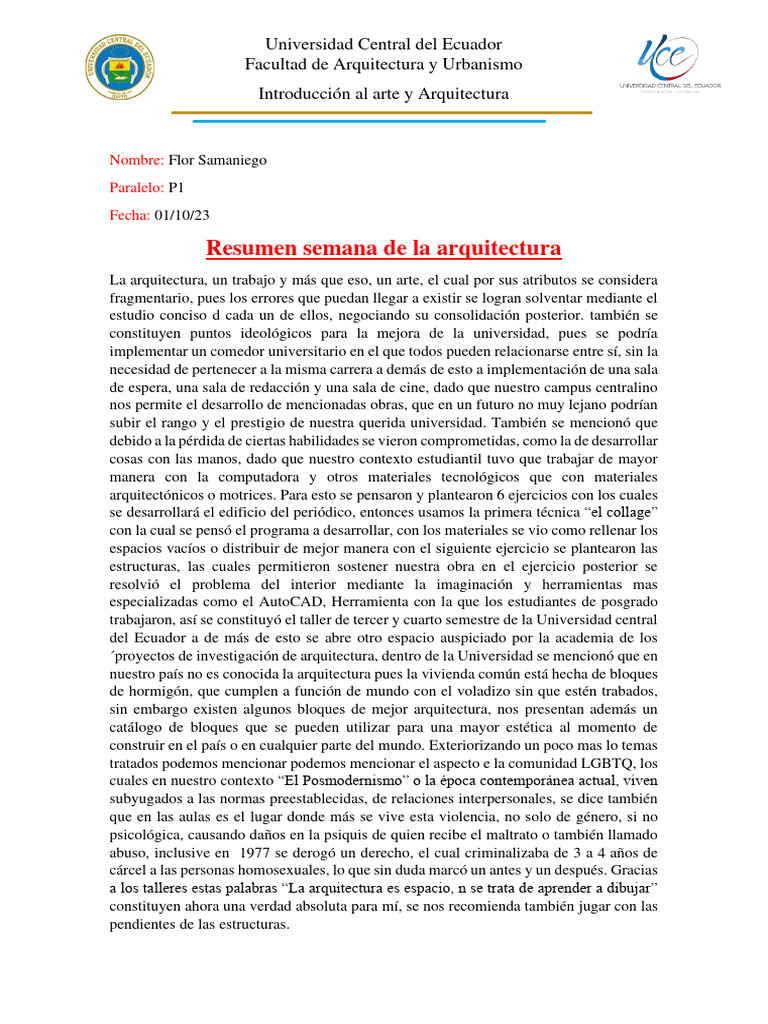 Flor Samaniego P1 Resumen Semana de La Arquitectura y Bienal | PDF | Arte