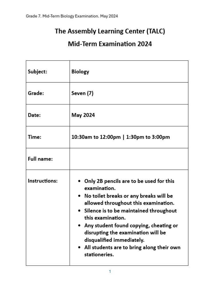 G7 Biology Mid Term Exams - Student | PDF | Cell (Biology) | Human Body