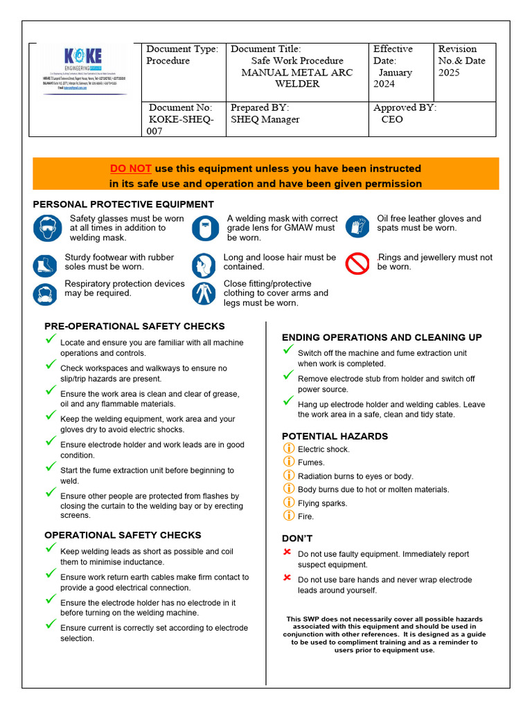 Safe Work Procedure for Manual Arc Welding | PDF | Welding | Construction
