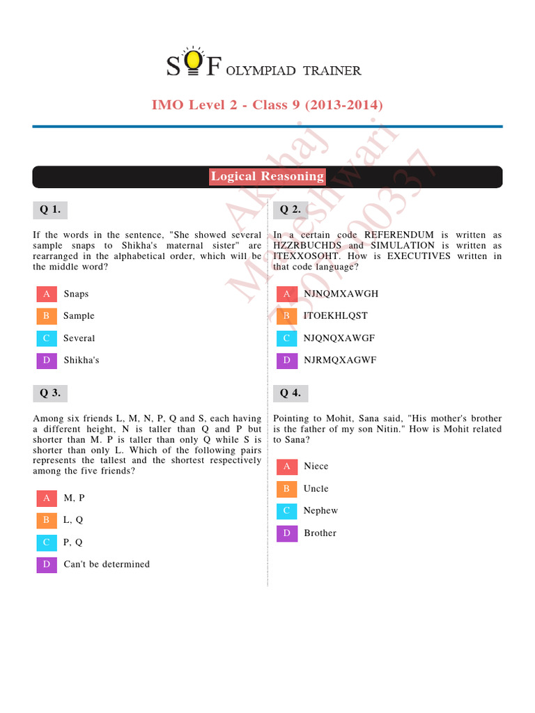 IMO Level 2 - Class 9 (2013-2014) | PDF | Circle | Area