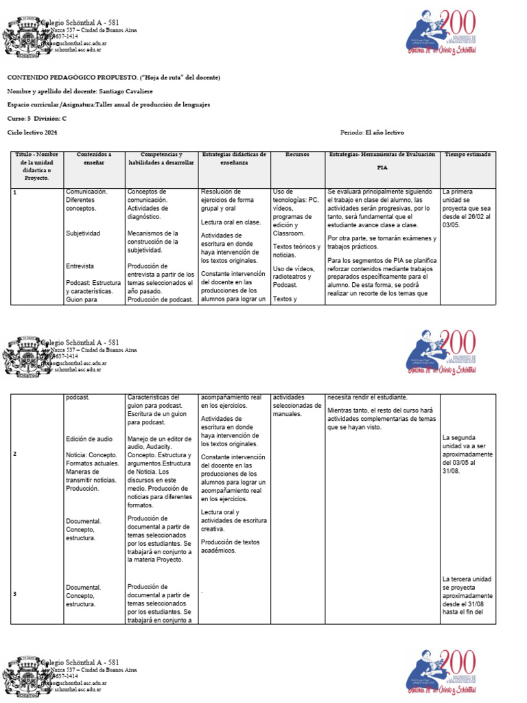 Planificación Taller anual de producción de lenguajes 5C 2024 | PDF | Podcast | Evaluación
