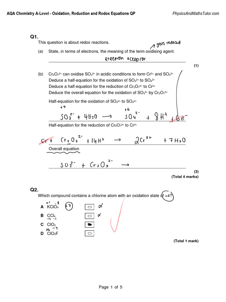 Oxidation, Reduction and Redox Equations QP | PDF | Redox | Unit Processes