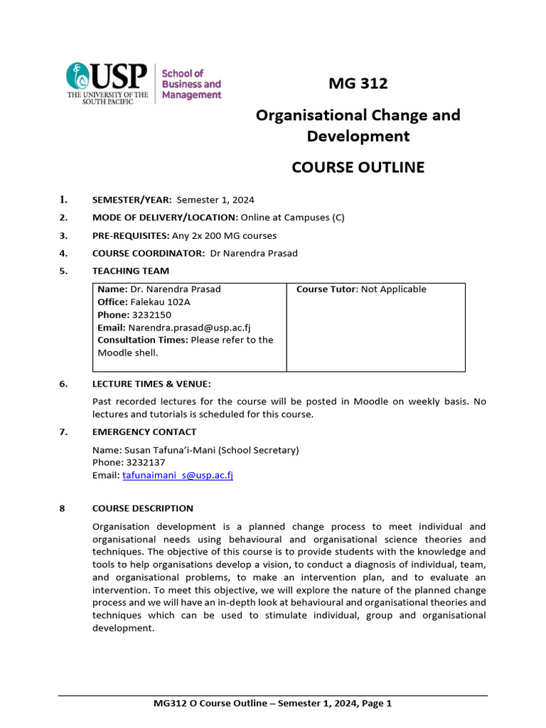 MG312 Course Outline s1 2024 | PDF | Organization Development | Change Management