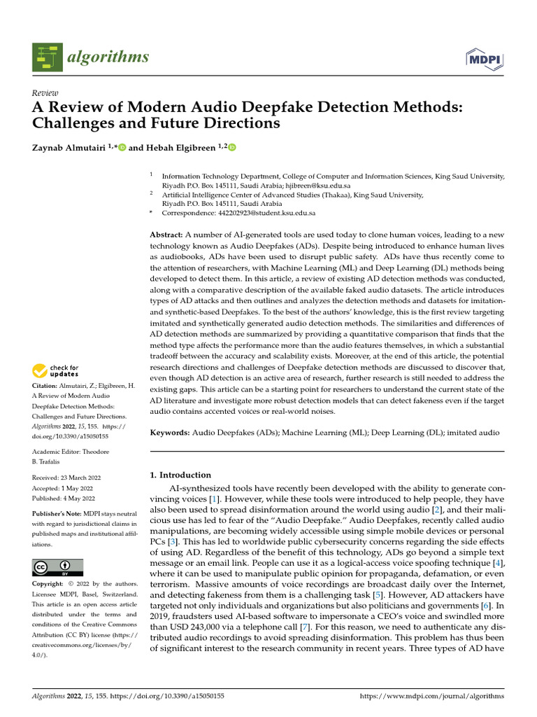 A Review of Modern Audio Deepfake Detection Methods: Challenges and ... A Review of Modern Audio Deepfake Detection Methods: Challenges and ...