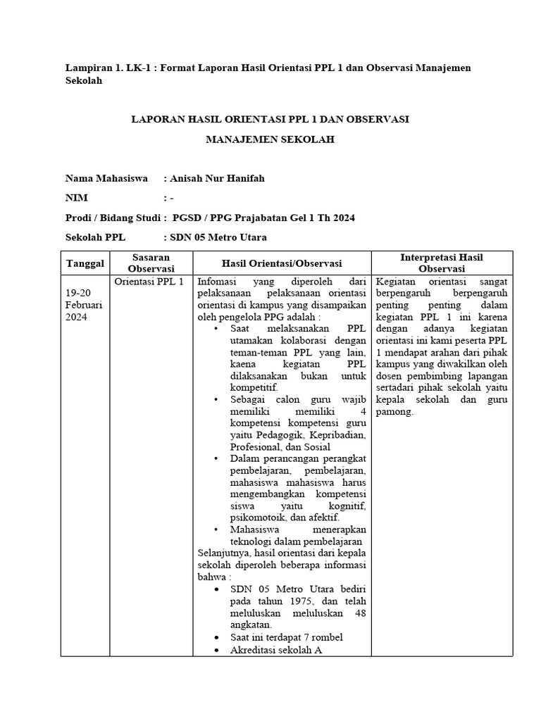 LK 1 Orientasi PPL 1 Dan Manajemen Sekolah SDN 05 Metro Utara | PDF