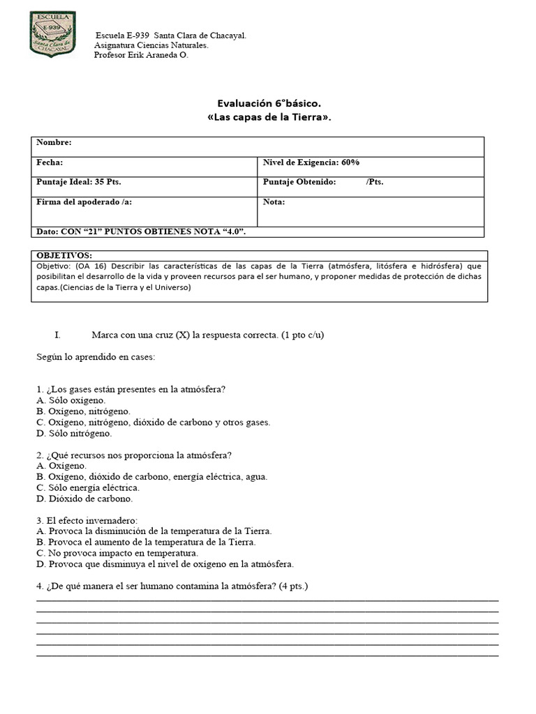 Evaluación 6° Capas de La Tierra | PDF | Tierra | Atmósfera