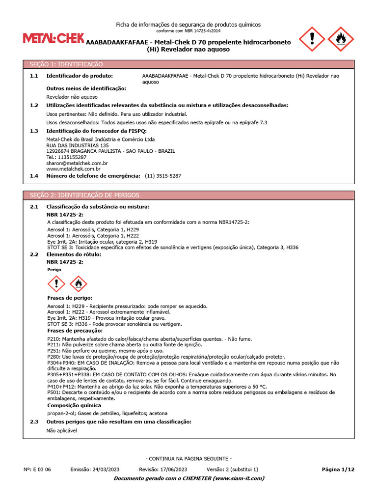 FISPQ Metal-Chek D 70: Segurança e Uso | PDF | Química | Desperdício