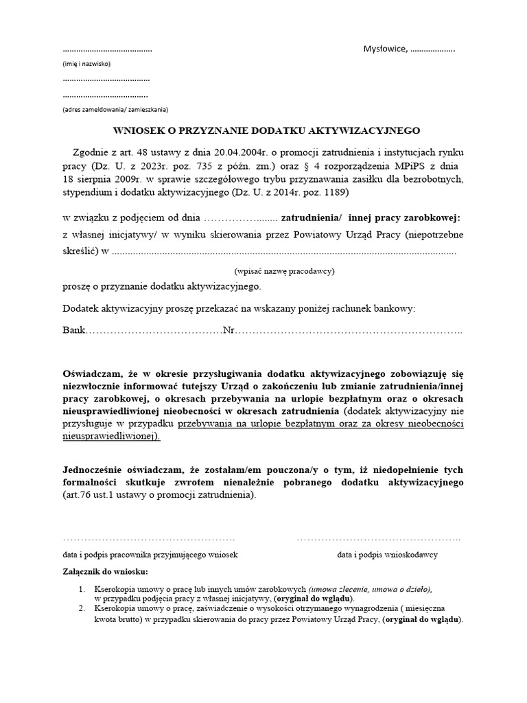 Wniosek o Dodatek Aktywizacyjny | PDF