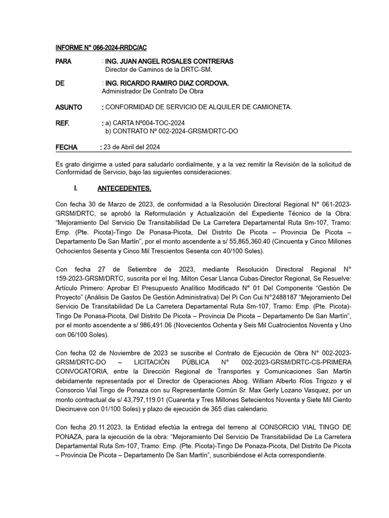 Informe Nº066 - Conformidad A Pago de Alquiler de Camioneta | PDF