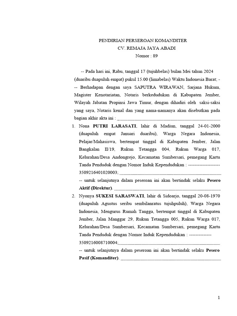 Pendirian CV. Remaja Jaya Abadi | PDF | Pengelolaan Keuangan & Uang | Hukum