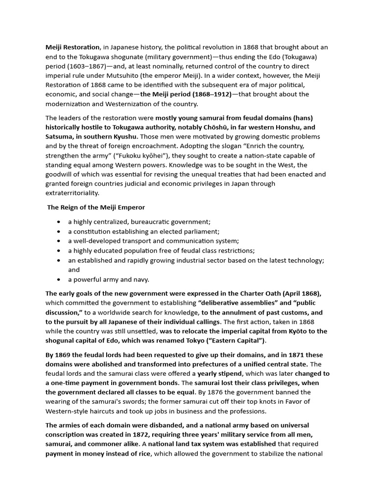 Meiji Restoration: Key Reforms and Impact | PDF | Japan