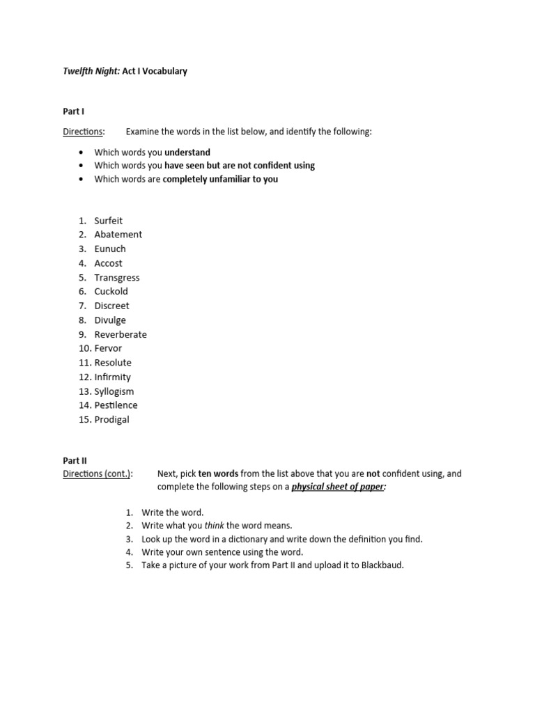 Twelfth Night Act I Vocabulary Guide | PDF | Language Arts & Discipline