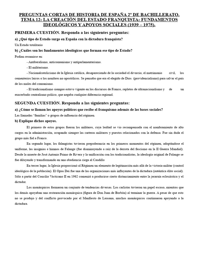 Preguntas Cortas Tema 12 | PDF | España franquista | Francisco franco