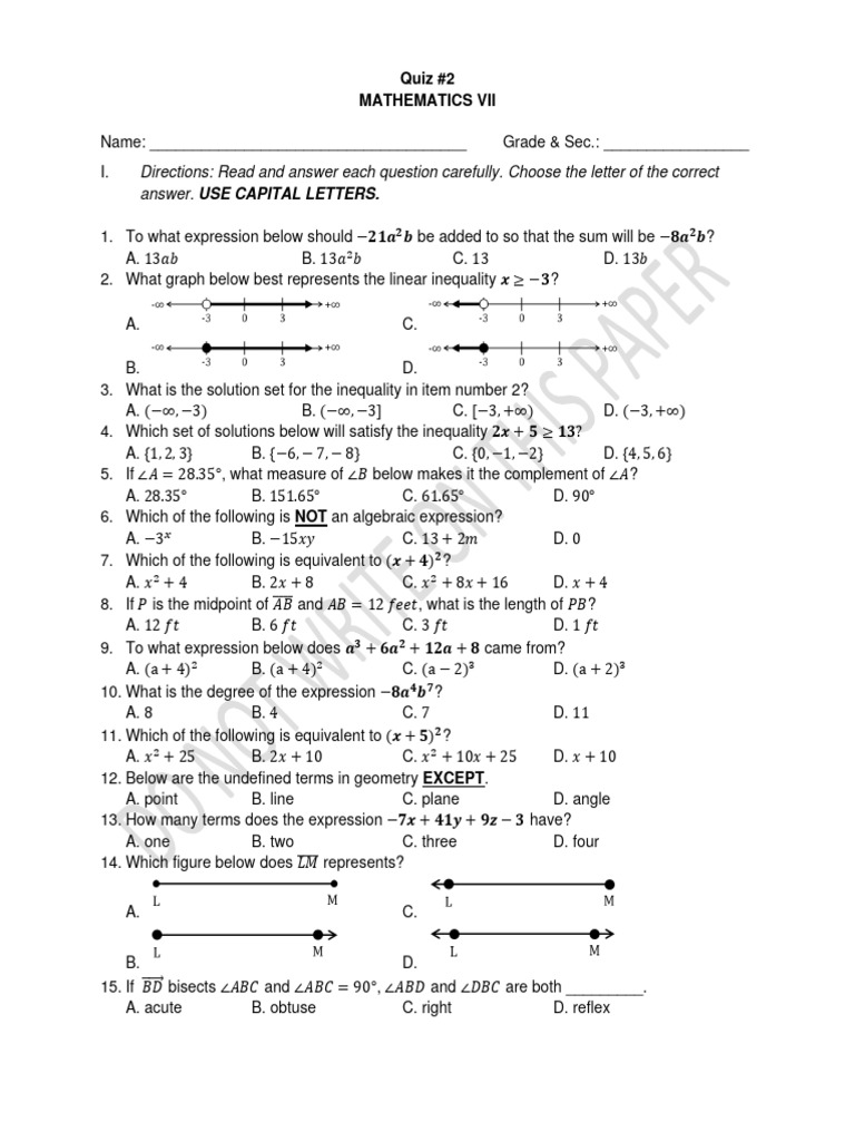 7 - Q3 - Quiz 2 | PDF | Inequality (Mathematics) | Mathematical Relations
