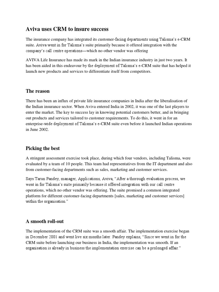 Aviva Uses CRM To Insure Success: The Reason | PDF | Customer ...