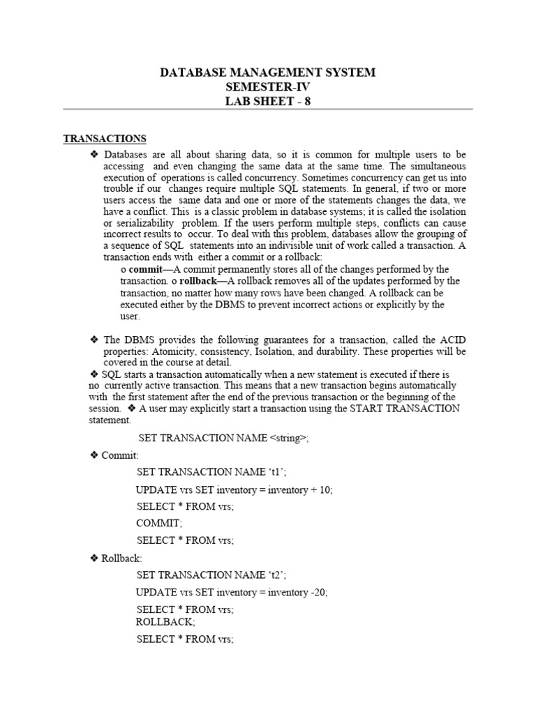 DBS Lab 8 | Download Free PDF | Database Transaction | Data Management