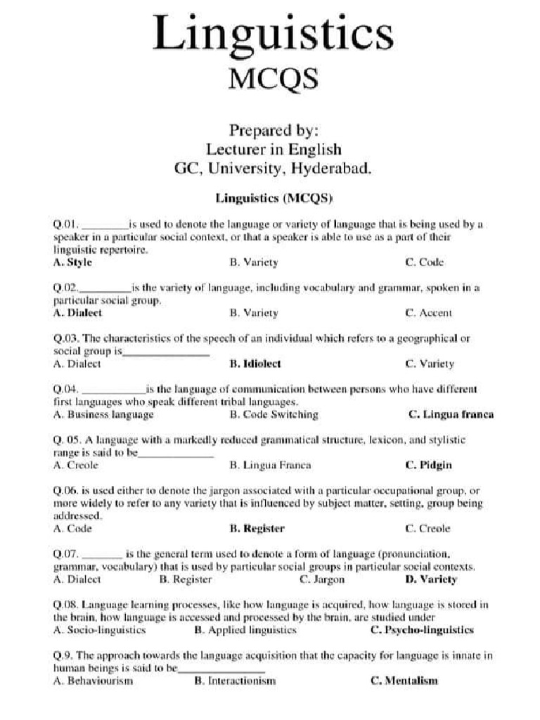 English Linguistics MCQS | PDF