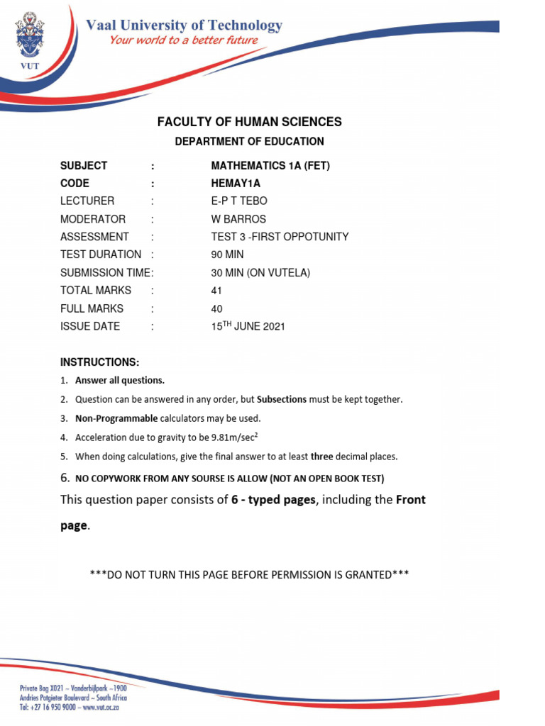 Mathematics 1A (FET) Test 3 First Opp | PDF | Euclidean Vector | Physics