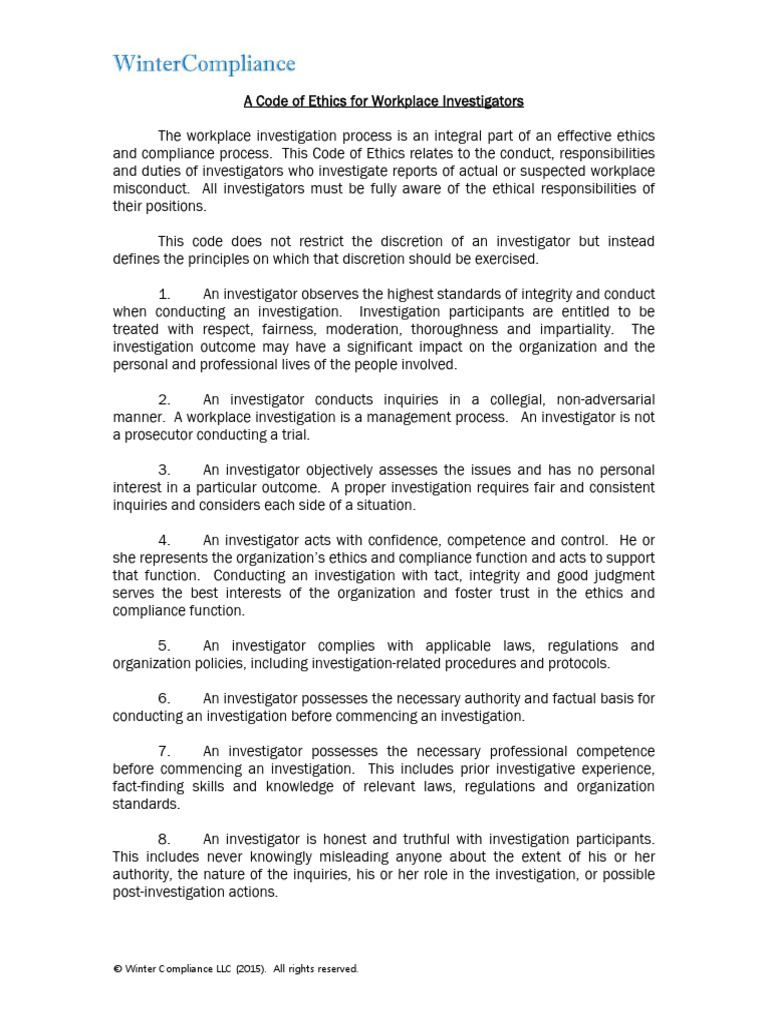 Investigator Code of Ethics | PDF | Regulatory Compliance | Justice