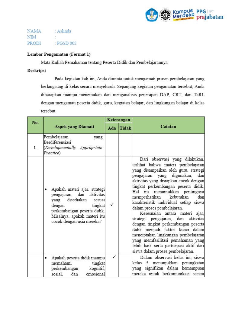 Tugas 3 T1-6 Elaborasi Pemahaman-Lembar Pengamatan-ASRI MUTMAINNAH. JR (249022485381) | PDF