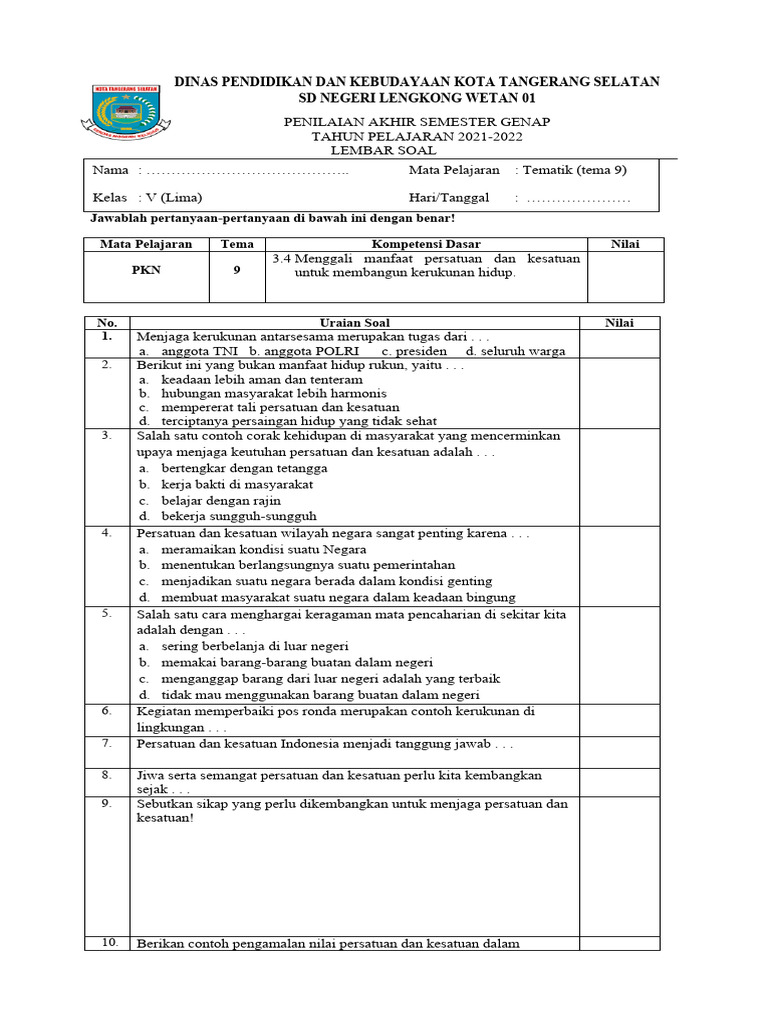Soal Tema 9 PAS Genap | PDF | Perjalanan