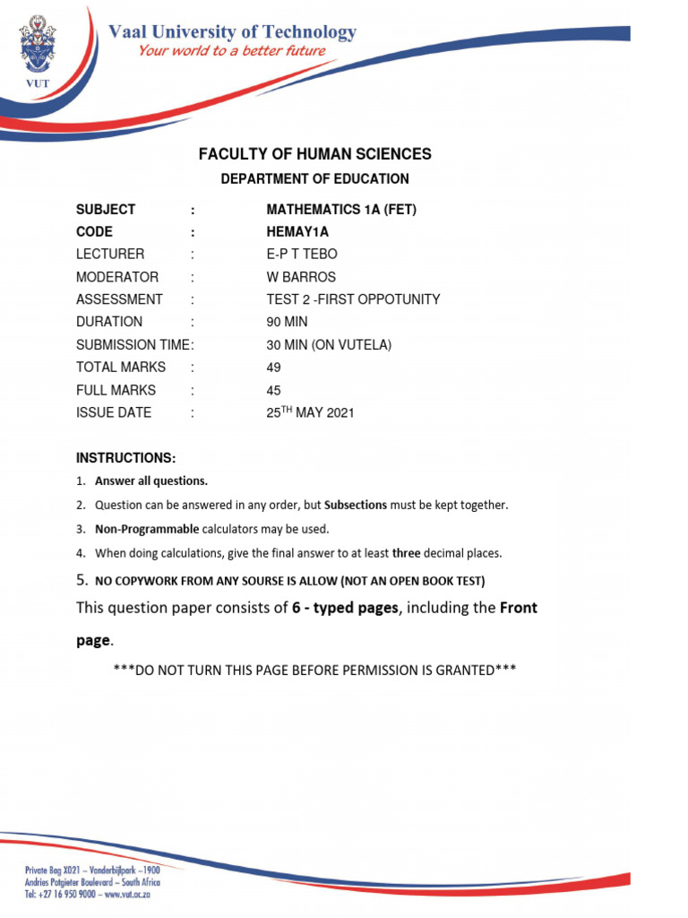 Mathematics 1A (FET) Test 2 First Opp | PDF | Mathematics | Physics