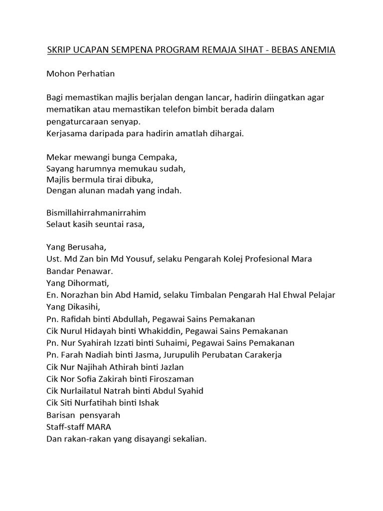 SKRIP UCAPAN SEMPENA PROGRAM REMAJA SIHAT | PDF