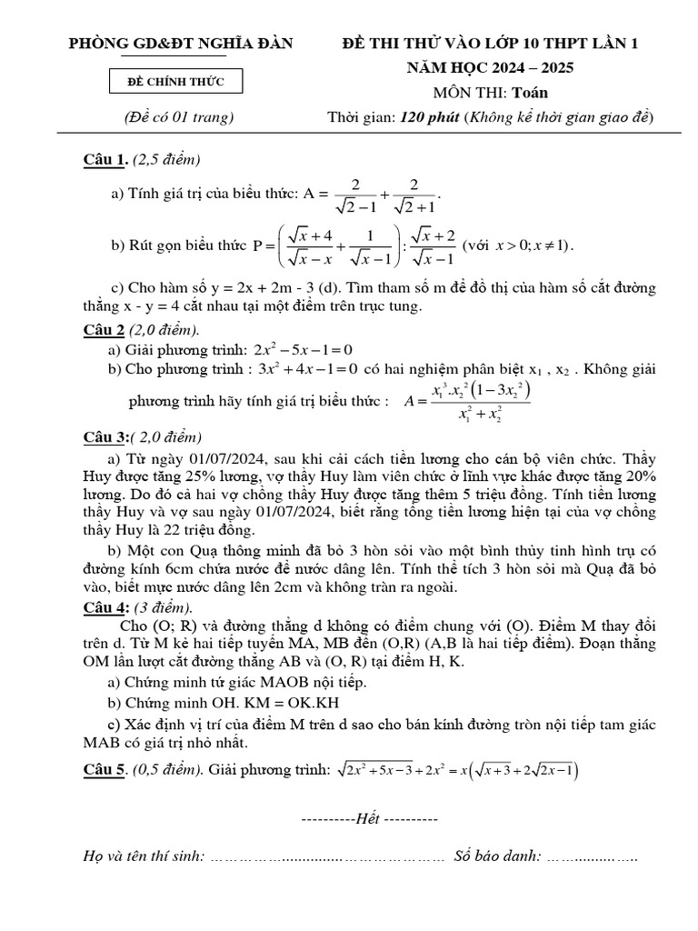 De Thi Thu Toan Vao Lop 10 Lan 1 Nam 2024 2025 Phong GDDT Nghia Dan Nghe An | PDF
