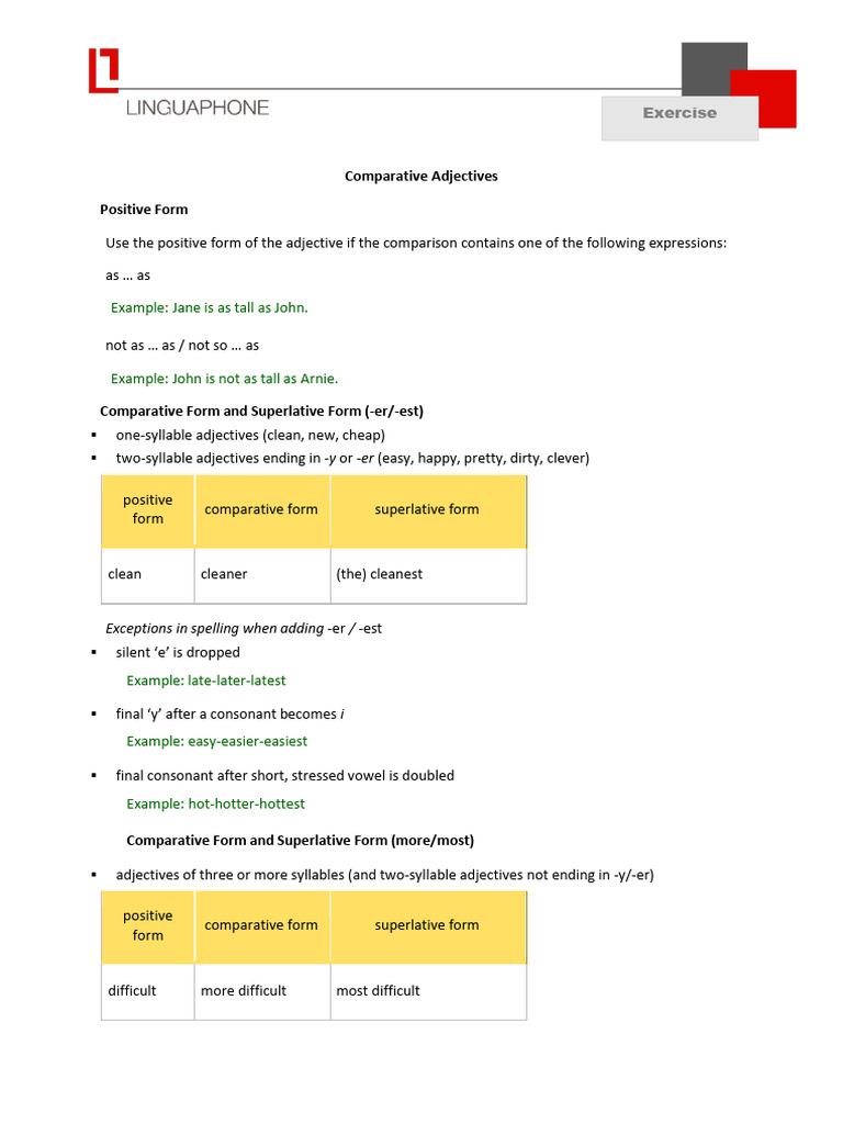 Adjectives - Comparative Adjectives - Exercise | PDF | Adjective ...