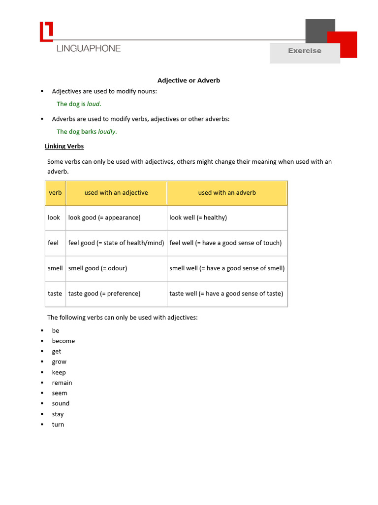 Adjectives - Adjective or Adverb - Exercise | PDF